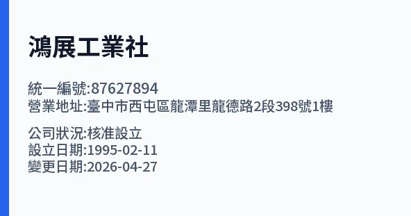 鴻展工業社的照片-統編 87627894(臺中市) 公司登記資料與營業項目詳細圖表