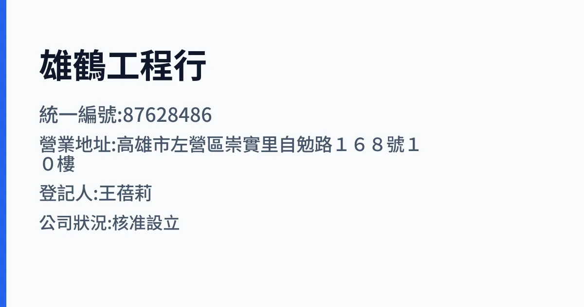 雄鶴工程行 - 統編 87628486(高雄市) 公司登記資料與營業項目詳細圖表