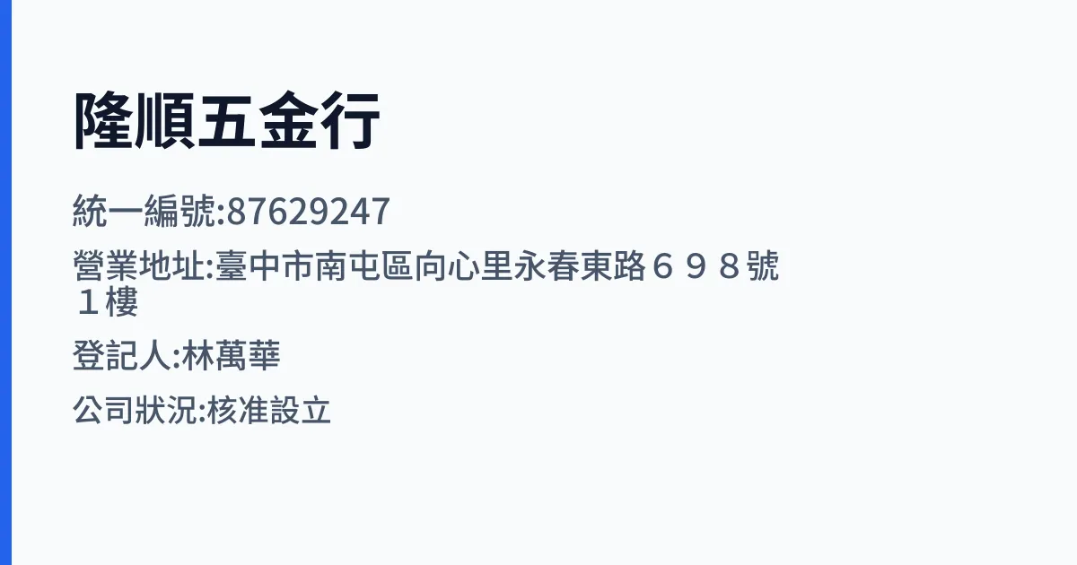 隆順五金行 - 統編 87629247(臺中市) 公司登記資料與營業項目詳細圖表