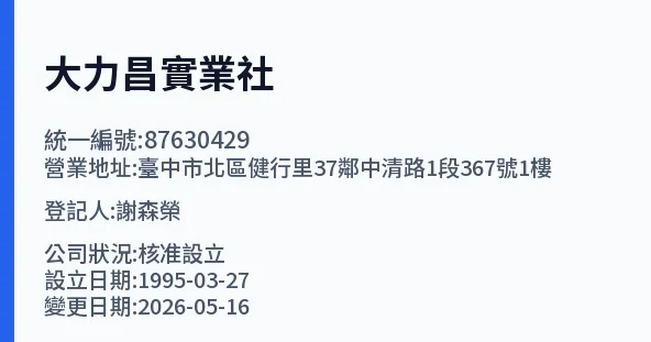 大力昌實業社的照片-統編 87630429(臺中市) 公司登記資料與營業項目詳細圖表