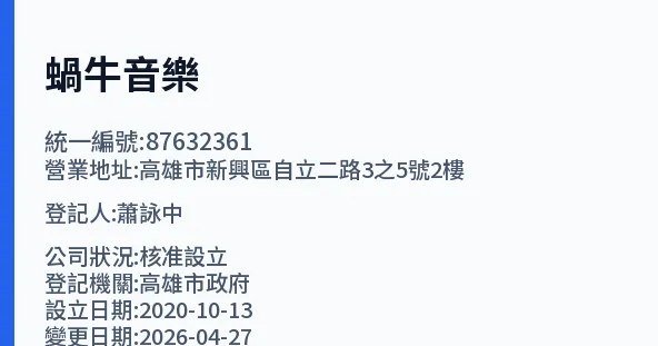 蝸牛音樂的照片-統編 87632361(高雄市) 公司登記資料與營業項目詳細圖表