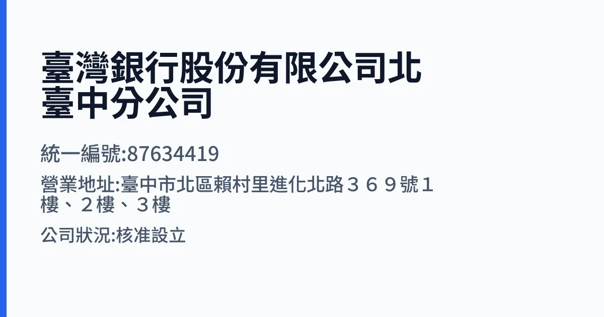 臺灣銀行股份有限公司北臺中分公司 - 統編 87634419(臺中市) 公司登記資料與營業項目詳細圖表