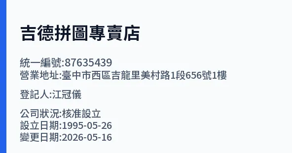 吉德拼圖專賣店的照片-統編 87635439(臺中市) 公司登記資料與營業項目詳細圖表