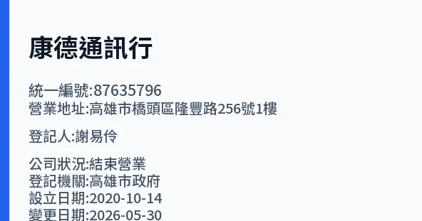 康德通訊行的照片-統編 87635796(高雄市) 公司登記資料與營業項目詳細圖表