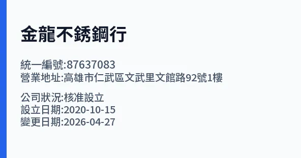 金龍不銹鋼行的照片-統編 87637083(高雄市) 公司登記資料與營業項目詳細圖表
