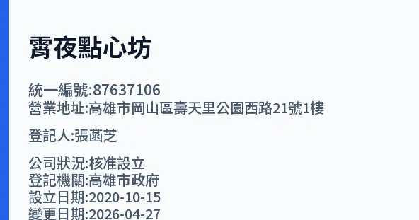 霄夜點心坊的照片-統編 87637106(高雄市) 公司登記資料與營業項目詳細圖表