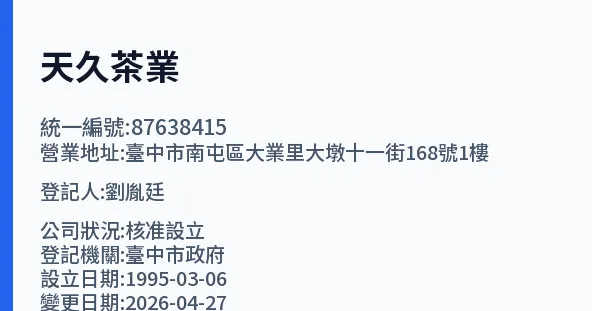 天久茶業的照片-統編 87638415(臺中市) 公司登記資料與營業項目詳細圖表