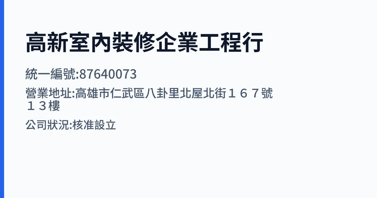 高新室內裝修企業工程行 - 統編 87640073(高雄市) 公司登記資料與營業項目詳細圖表
