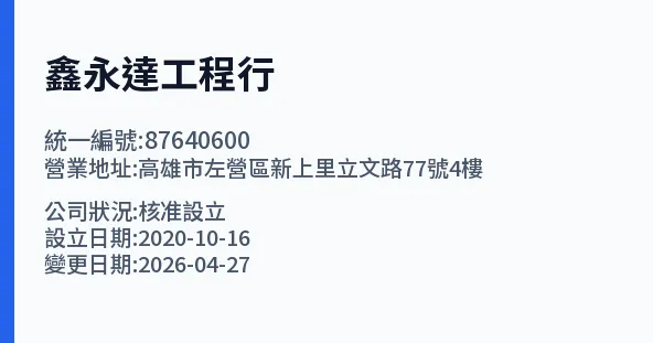 鑫永達工程行的照片-統編 87640600(高雄市) 公司登記資料與營業項目詳細圖表