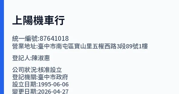 上陽機車行的照片-統編 87641018(臺中市) 公司登記資料與營業項目詳細圖表