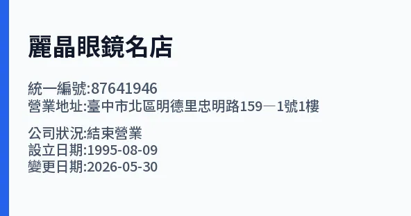 麗晶眼鏡名店的照片-統編 87641946(臺中市) 公司登記資料與營業項目詳細圖表