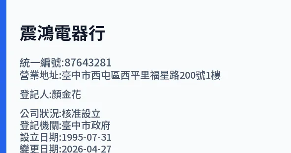 震鴻電器行的照片-統編 87643281(臺中市) 公司登記資料與營業項目詳細圖表
