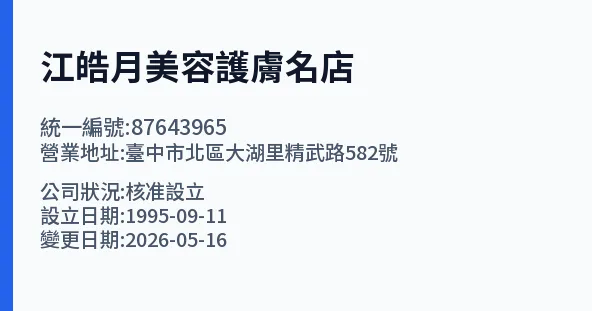 江皓月美容護膚名店的照片-統編 87643965(臺中市) 公司登記資料與營業項目詳細圖表
