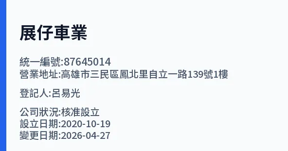 展仔車業的照片-統編 87645014(高雄市) 公司登記資料與營業項目詳細圖表