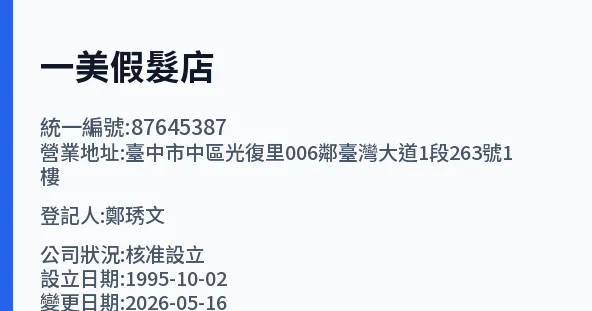 一美假髮店的照片-統編 87645387(臺中市) 公司登記資料與營業項目詳細圖表