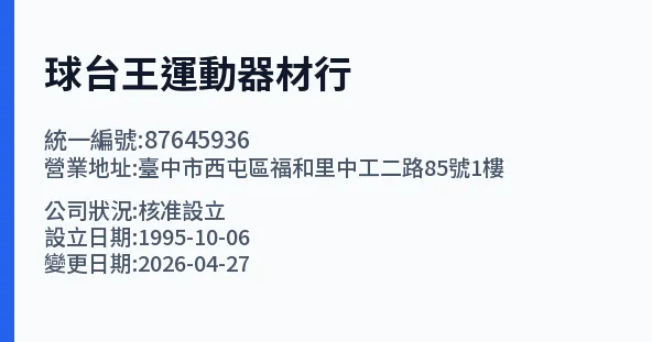 球台王運動器材行的照片-統編 87645936(臺中市) 公司登記資料與營業項目詳細圖表