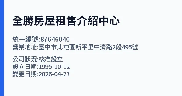 全勝房屋租售介紹中心的照片-統編 87646040(臺中市) 公司登記資料與營業項目詳細圖表