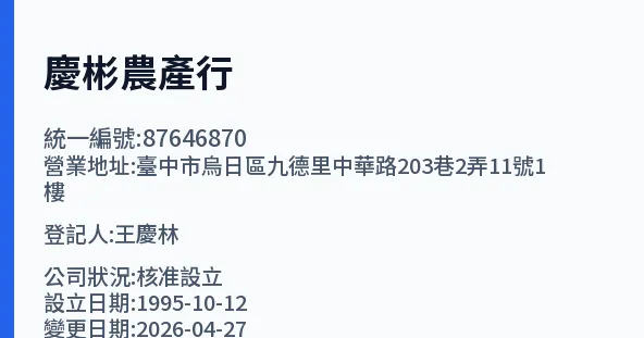 慶彬農產行的照片-統編 87646870(臺中市) 公司登記資料與營業項目詳細圖表