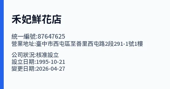 禾妃鮮花店的照片-統編 87647625(臺中市) 公司登記資料與營業項目詳細圖表