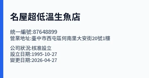 名屋超低溫生魚店的照片-統編 87648899(臺中市) 公司登記資料與營業項目詳細圖表