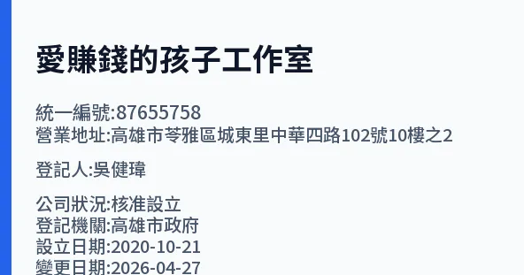 愛賺錢的孩子工作室的照片-統編 87655758(高雄市) 公司登記資料與營業項目詳細圖表