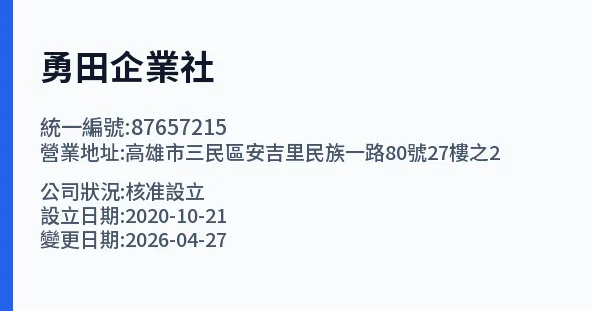 勇田企業社的照片-統編 87657215(高雄市) 公司登記資料與營業項目詳細圖表