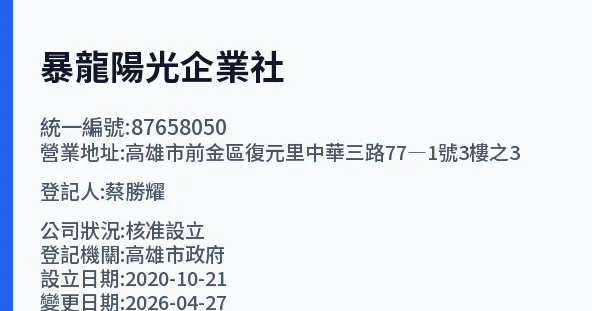 暴龍陽光企業社的照片-統編 87658050(高雄市) 公司登記資料與營業項目詳細圖表