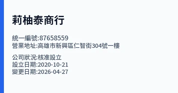 莉柚泰商行的照片-統編 87658559(高雄市) 公司登記資料與營業項目詳細圖表