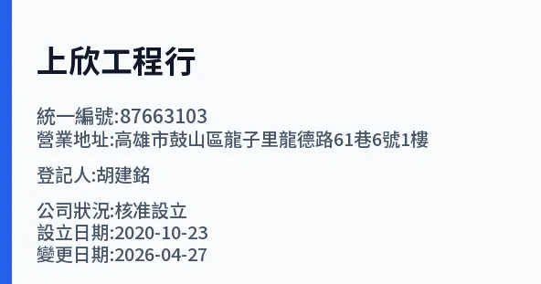 上欣工程行的照片-統編 87663103(高雄市) 公司登記資料與營業項目詳細圖表