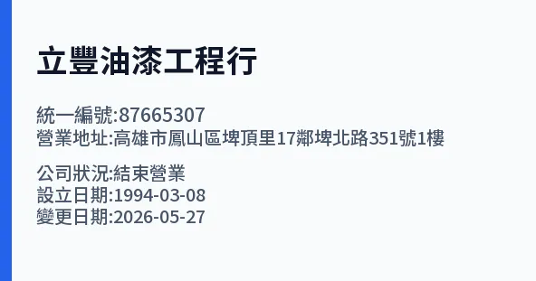 立豐油漆工程行的照片-統編 87665307(高雄市) 公司登記資料與營業項目詳細圖表