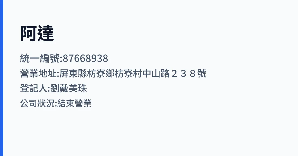 阿達 - 統編 87668938(屏東縣) 公司登記資料與營業項目詳細圖表