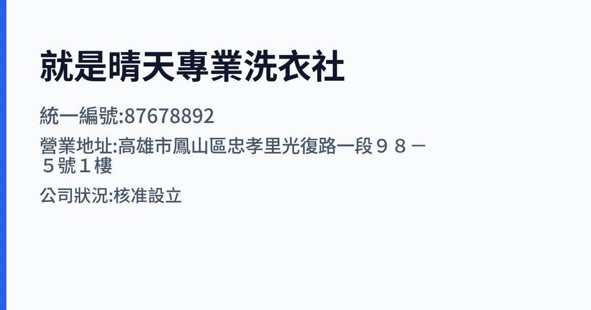 就是晴天專業洗衣社 - 統編 87678892(高雄市) 公司登記資料與營業項目詳細圖表
