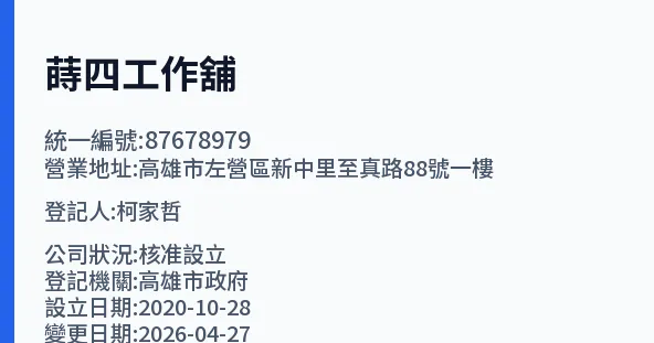 蒔四工作舖的照片-統編 87678979(高雄市) 公司登記資料與營業項目詳細圖表