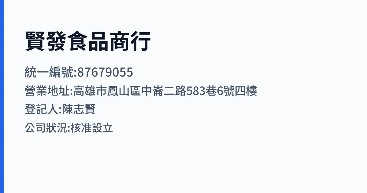 賢發食品商行 - 統編 87679055(高雄市) 公司登記資料與營業項目詳細圖表