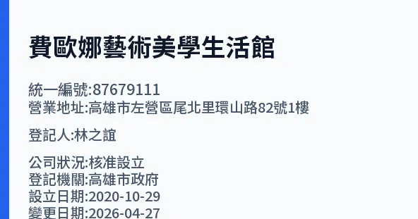 費歐娜藝術美學生活館的照片-統編 87679111(高雄市) 公司登記資料與營業項目詳細圖表