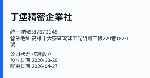 丁堡精密企業社的照片-統編 87679148(高雄市) 公司登記資料與營業項目詳細圖表