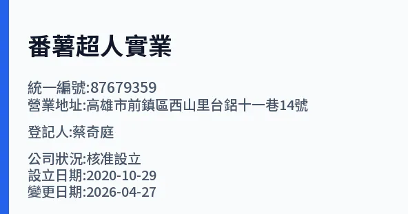 番薯超人實業的照片-統編 87679359(高雄市) 公司登記資料與營業項目詳細圖表