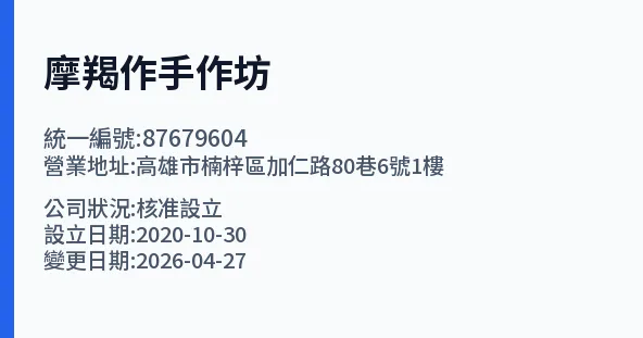 摩羯作手作坊的照片-統編 87679604(高雄市) 公司登記資料與營業項目詳細圖表