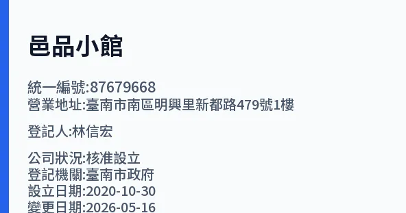 邑品小館的照片-統編 87679668(臺南市) 公司登記資料與營業項目詳細圖表