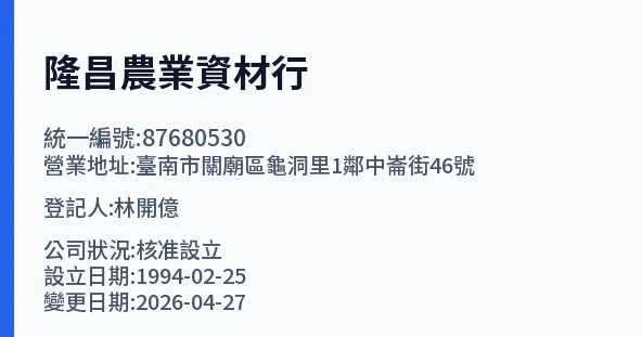 隆昌農業資材行的照片-統編 87680530(臺南市) 公司登記資料與營業項目詳細圖表