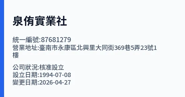 泉侑實業社的照片-統編 87681279(臺南市) 公司登記資料與營業項目詳細圖表