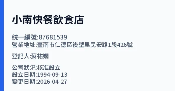 小南快餐飲食店的照片-統編 87681539(臺南市) 公司登記資料與營業項目詳細圖表