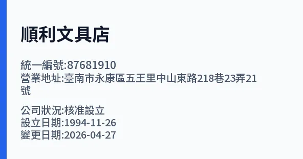 順利文具店的照片-統編 87681910(臺南市) 公司登記資料與營業項目詳細圖表