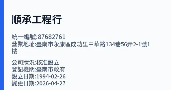 順承工程行的照片-統編 87682761(臺南市) 公司登記資料與營業項目詳細圖表