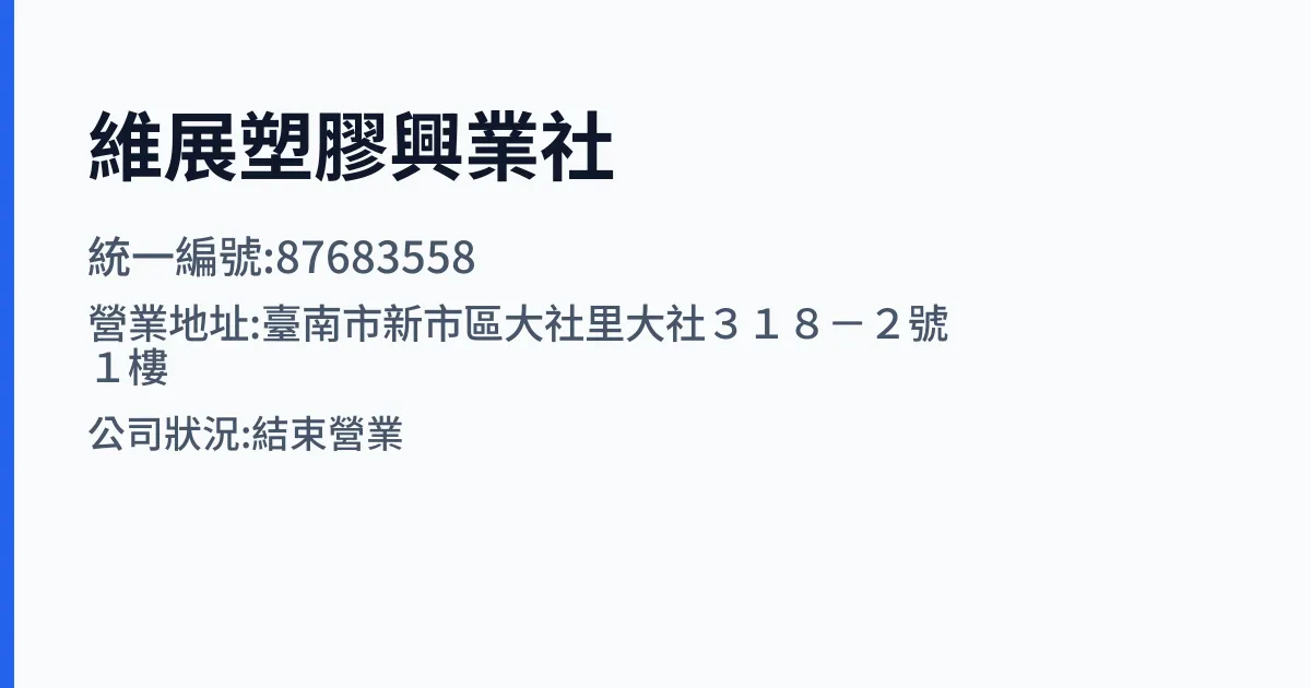 維展塑膠興業社 - 統編 87683558(臺南市) 公司登記資料與營業項目詳細圖表
