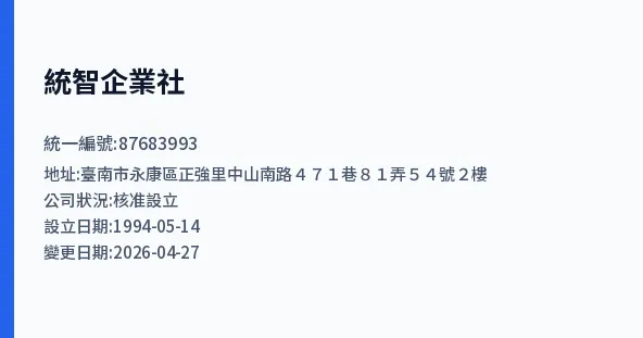 統智企業社的照片-統編 87683993(臺南市) 公司登記資料與營業項目詳細圖表