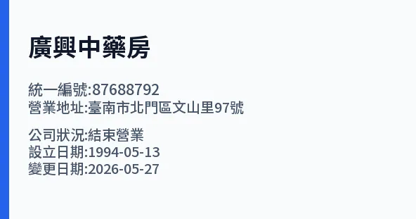 廣興中藥房的照片-統編 87688792(臺南市) 公司登記資料與營業項目詳細圖表