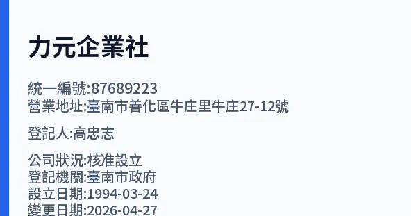力元企業社的照片-統編 87689223(臺南市) 公司登記資料與營業項目詳細圖表
