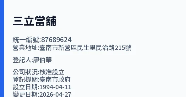 三立當舖的照片-統編 87689624(臺南市) 公司登記資料與營業項目詳細圖表