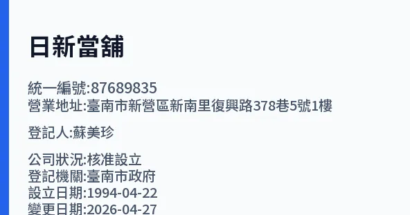 日新當舖的照片-統編 87689835(臺南市) 公司登記資料與營業項目詳細圖表